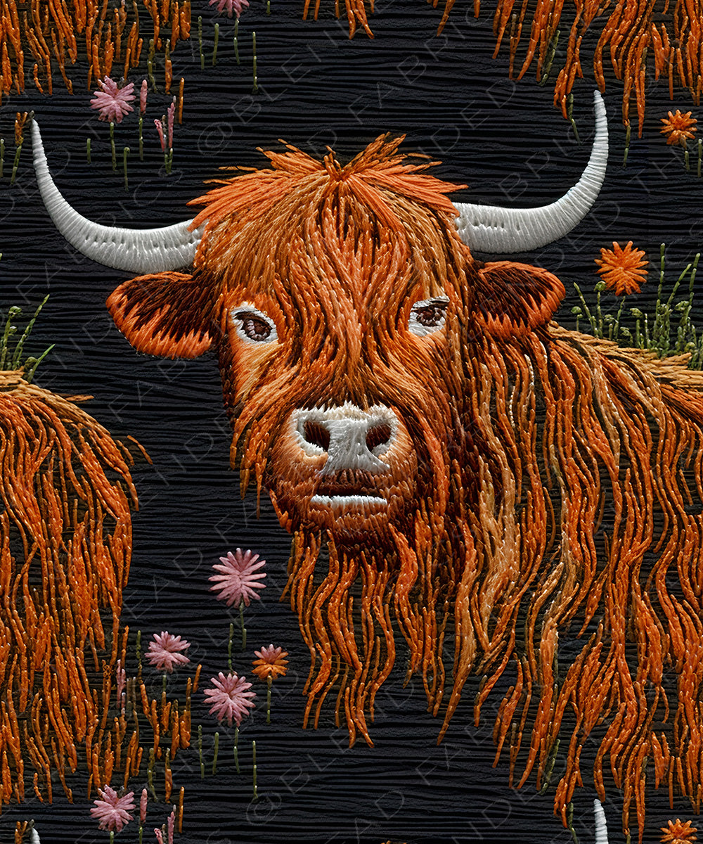 PRE ORDER - Embroidered Highland Cow – Blended Thread Fabrics