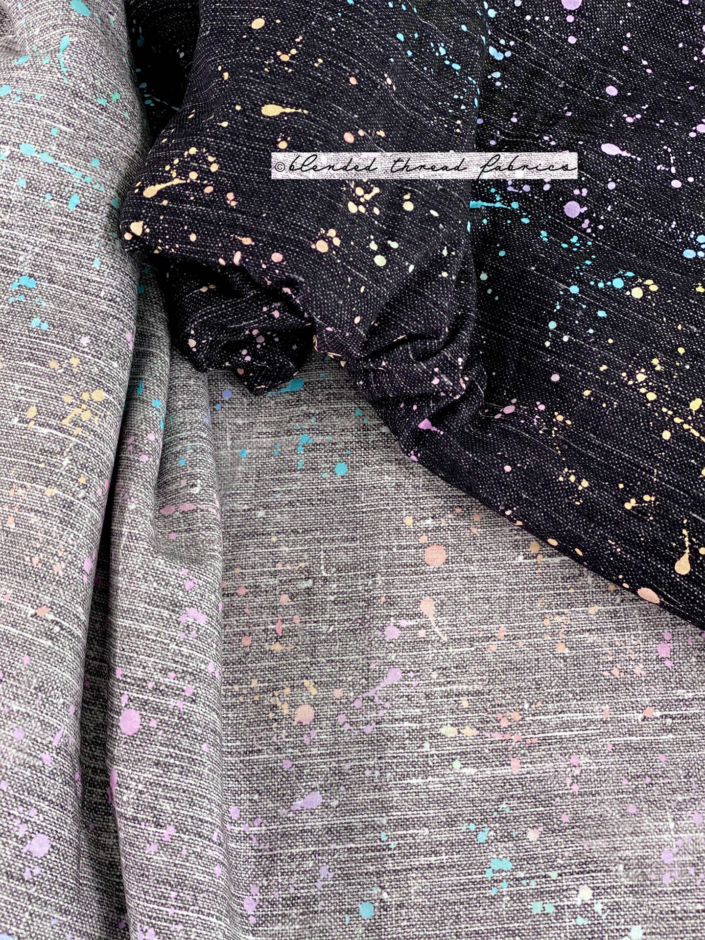 PRE ORDER - Rainbow Splatter Medium Grey Linen – Blended Thread Fabrics